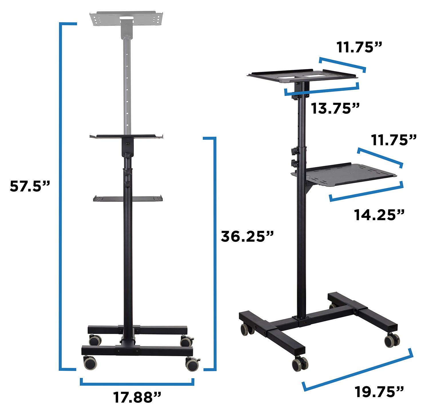 Mount-It! Mobile Projector and Laptop Stand (2 Shelves), Rolling Cart with Ventilated Tray, Heavy Duty, Height Adjustable Laptop and Projector Presentation Trolley, Black