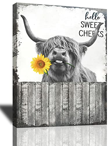 Bathroom Wall Art Highland Cow Farmhouse Bathroom Decor Sunflower Funny Bathroom Poster Rustic Canvas Print Painting Black and White Animal Pictures for Toilet Modern Home Framed Artwork 12"x16"