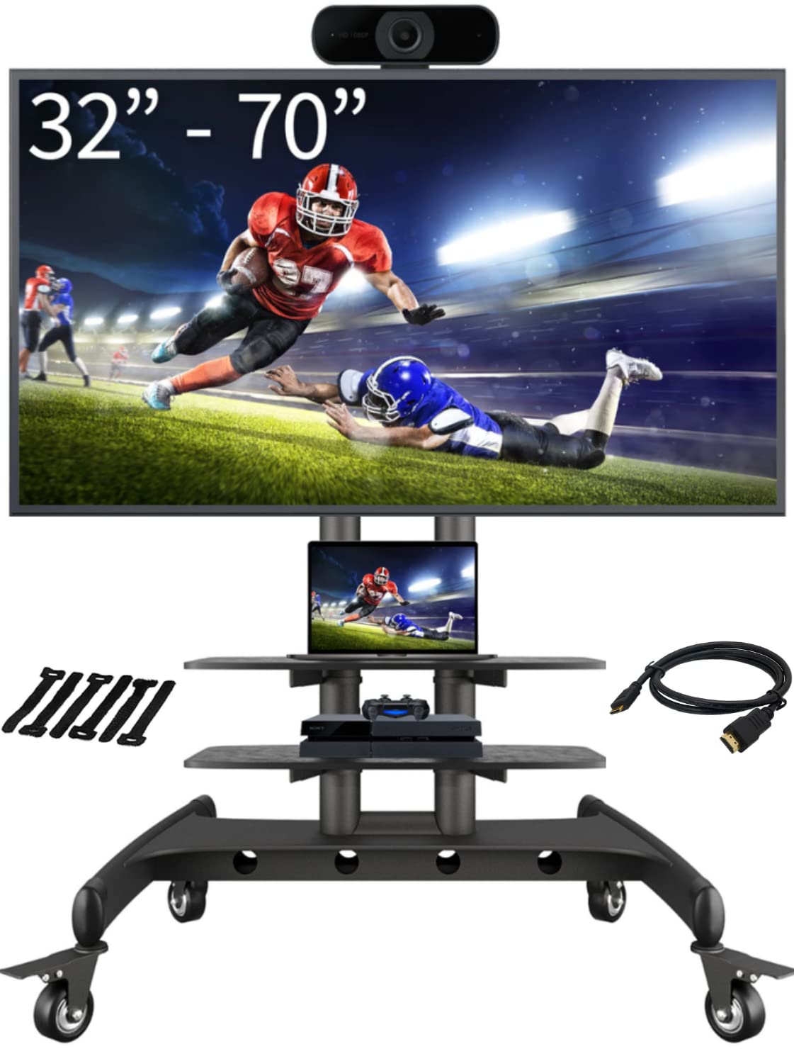 Blue Key World Rolling TV Stand with Large Wheels for 32 to 70 Inch Flat Screens [Mobile TV Stand, Adjustable Height, Indoor/Outdoor TV Stand] Portable Standing Mount, TV Cart Monitor Floor Stand