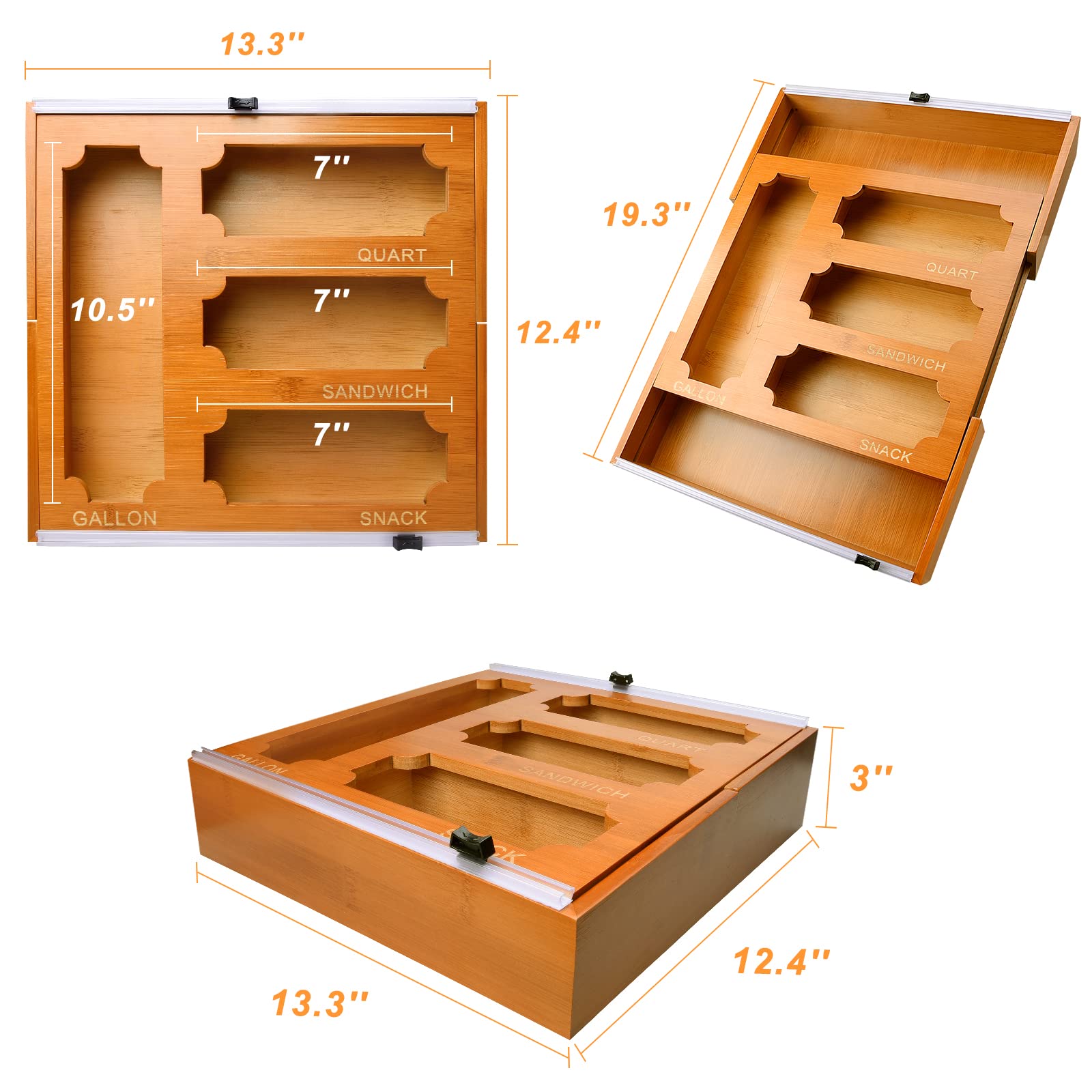 Ziplock Bag Storage Organizer and Dispenser with Cutter, Bamboo Organizer Compatible with Gallon,Sandwich & Snack