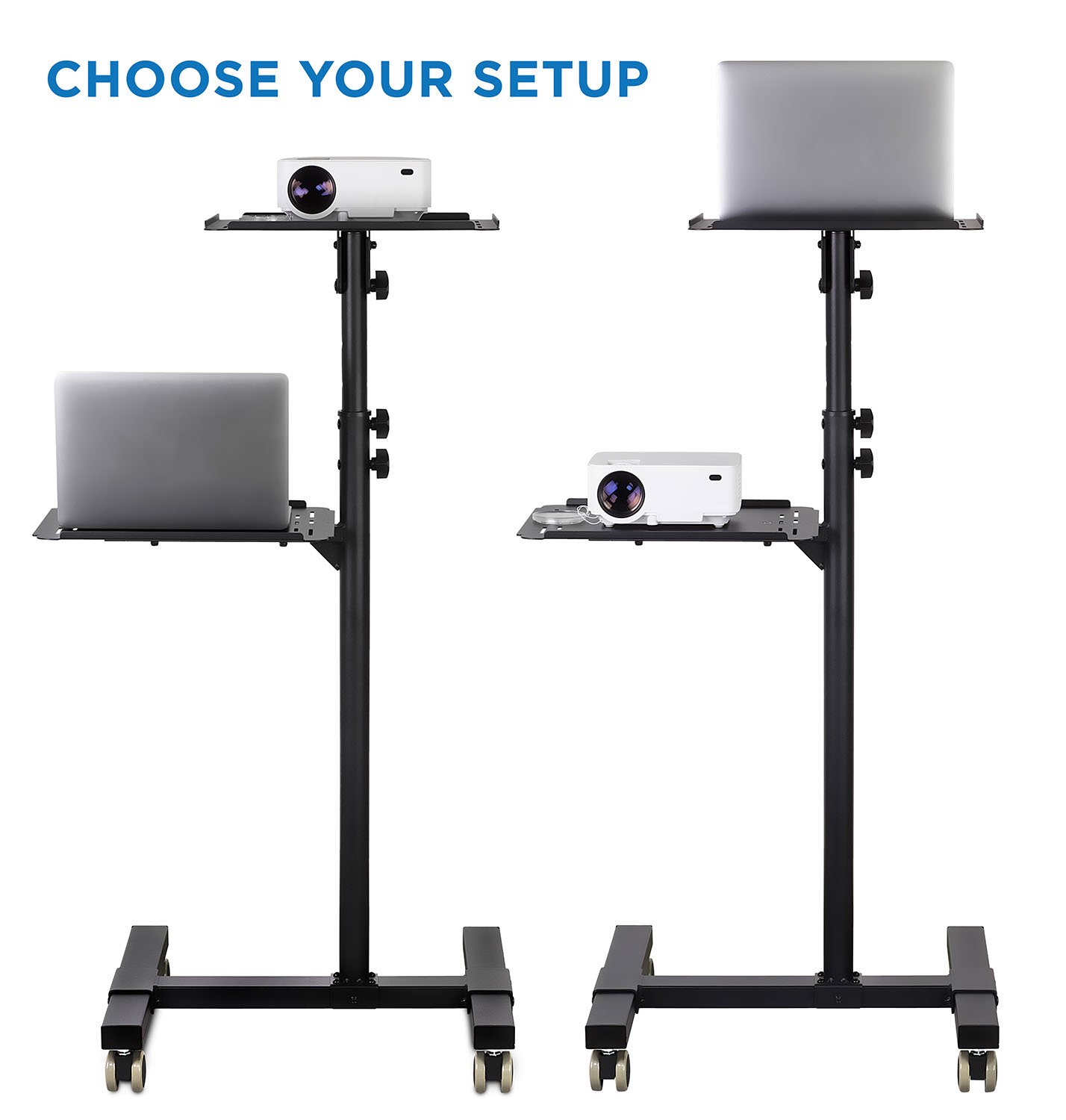 Mount-It! Mobile Projector and Laptop Stand (2 Shelves), Rolling Cart with Ventilated Tray, Heavy Duty, Height Adjustable Laptop and Projector Presentation Trolley, Black