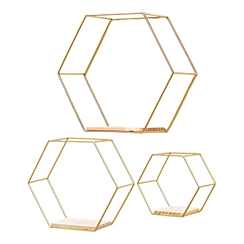 KLKCMS 3X Nordic Style Hexagon Honeycomb Floating Wall Shelf Display Iron Hanging Storage Rack Holder for Home/Office Bathroom Kitchen Room , Gloden