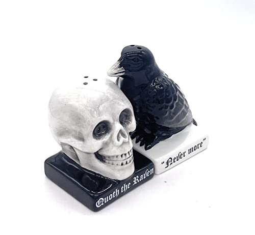 Rustix Quoth The Raven Ceramic Gothic Halloween Decor Cute skull Horror Salt and Pepper Shaker Set Scary Spooky and witchy Gift Fall Season Decor for Kitchen