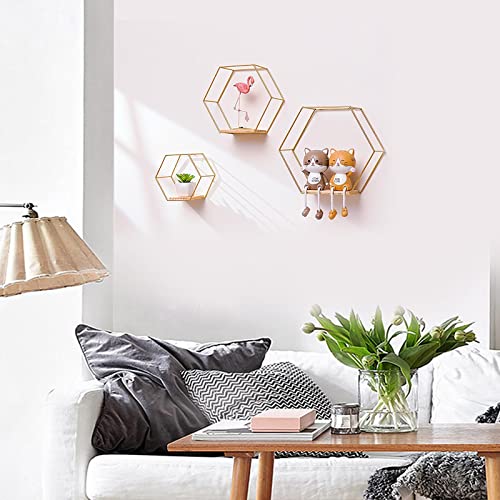 KLKCMS 3X Nordic Style Hexagon Honeycomb Floating Wall Shelf Display Iron Hanging Storage Rack Holder for Home/Office Bathroom Kitchen Room , Gloden