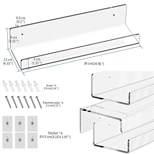 facinlay Acrylic Shelves, Clear Floating Shelf, Wall Ledge Bookshelf,Kids Bookshelf, Invisible Spice Rack, Thick Bathroom Storage Shelves, Display Organizer for Office Kitchen, 15" L, Set of 3