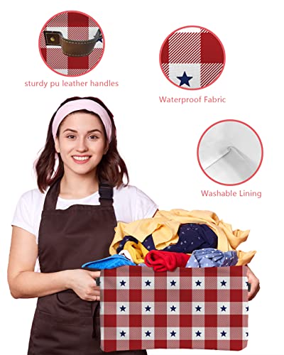 Storage Bins, Independence Day Patriotic Star Plaid Red White Storage Baskets for Organizing Closet Shelves Clothes Decorative Fabric Baskets Large Storage Cubes with Handles