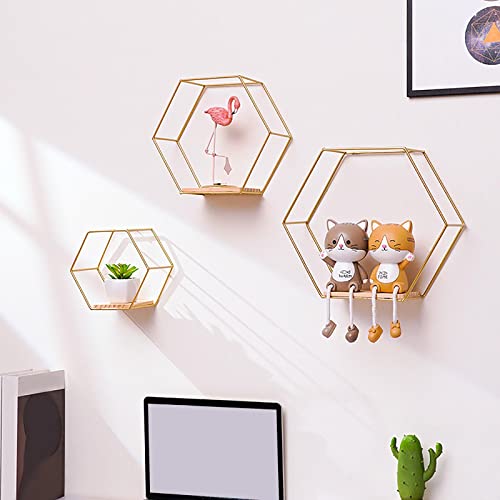 KLKCMS 3X Nordic Style Hexagon Honeycomb Floating Wall Shelf Display Iron Hanging Storage Rack Holder for Home/Office Bathroom Kitchen Room , Gloden