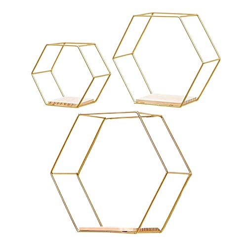 KLKCMS 3X Nordic Style Hexagon Honeycomb Floating Wall Shelf Display Iron Hanging Storage Rack Holder for Home/Office Bathroom Kitchen Room , Gloden