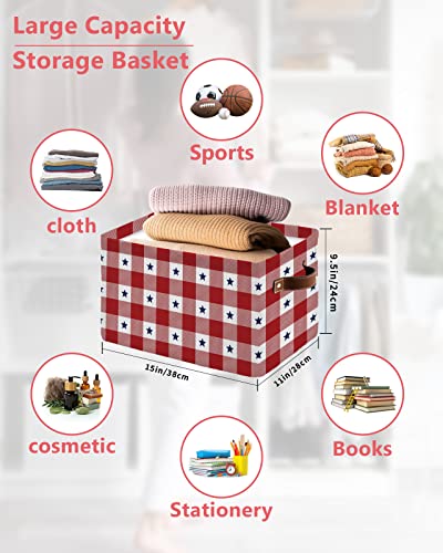 Storage Bins, Independence Day Patriotic Star Plaid Red White Storage Baskets for Organizing Closet Shelves Clothes Decorative Fabric Baskets Large Storage Cubes with Handles