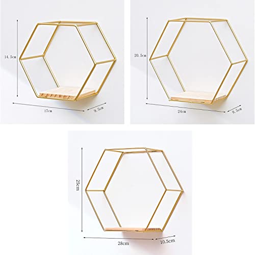 KLKCMS 3X Nordic Style Hexagon Honeycomb Floating Wall Shelf Display Iron Hanging Storage Rack Holder for Home/Office Bathroom Kitchen Room , Gloden