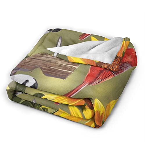 Fiokroo Rustic Sunflowers Floral Cardinal Birds Fleece Blanket Lightweight Cozy Ultra-Soft Throw Blanket Microfiber Blankets All Seasons for Home Bedroom Couch Sofa Travel 50x60 Inch