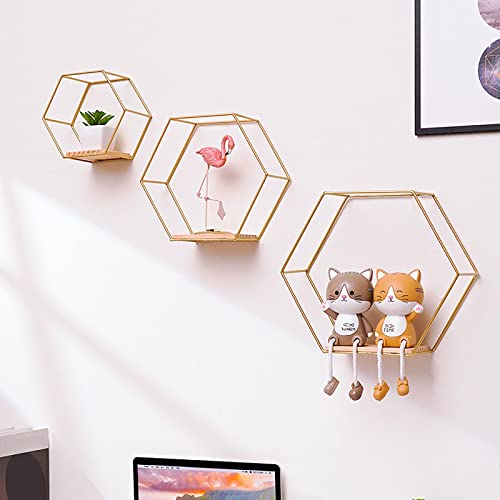 KLKCMS 3X Nordic Style Hexagon Honeycomb Floating Wall Shelf Display Iron Hanging Storage Rack Holder for Home/Office Bathroom Kitchen Room , Gloden