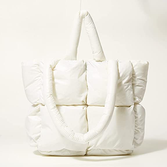 Gudauri Puffer Tote Bag for Women Quilted Puffy Handbag Light Winter Down Cotton Padded Shoulder Bag Down Padding Tote Bag (White)