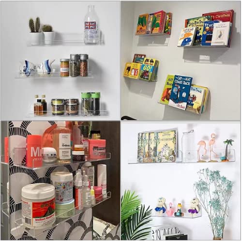 facinlay Acrylic Shelves, Clear Floating Shelf, Wall Ledge Bookshelf,Kids Bookshelf, Invisible Spice Rack, Thick Bathroom Storage Shelves, Display Organizer for Office Kitchen, 15" L, Set of 3