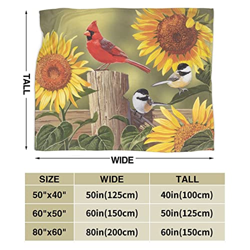 Fiokroo Rustic Sunflowers Floral Cardinal Birds Fleece Blanket Lightweight Cozy Ultra-Soft Throw Blanket Microfiber Blankets All Seasons for Home Bedroom Couch Sofa Travel 50x60 Inch