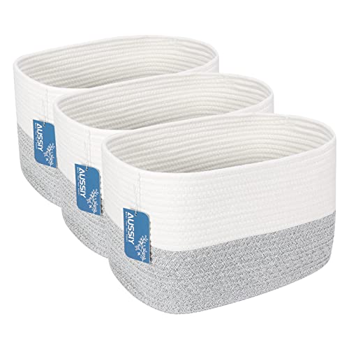 AUSSIY 3 Pack Rope Baskets for Storage Basket, Cotton Rope Woven Basket with Handles. Blanket Basket for Storing Clothes, Toys, Books, Shelves etc, 15''L x 10''W x 9.5''H, Gray/White