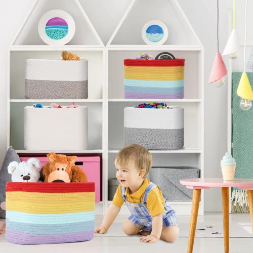 AUSSIY 3 Pack Rope Baskets for Storage Basket, Cotton Rope Woven Basket with Handles. Blanket Basket for Storing Clothes, Toys, Books, Shelves etc, 15''L x 10''W x 9.5''H, Gray/White