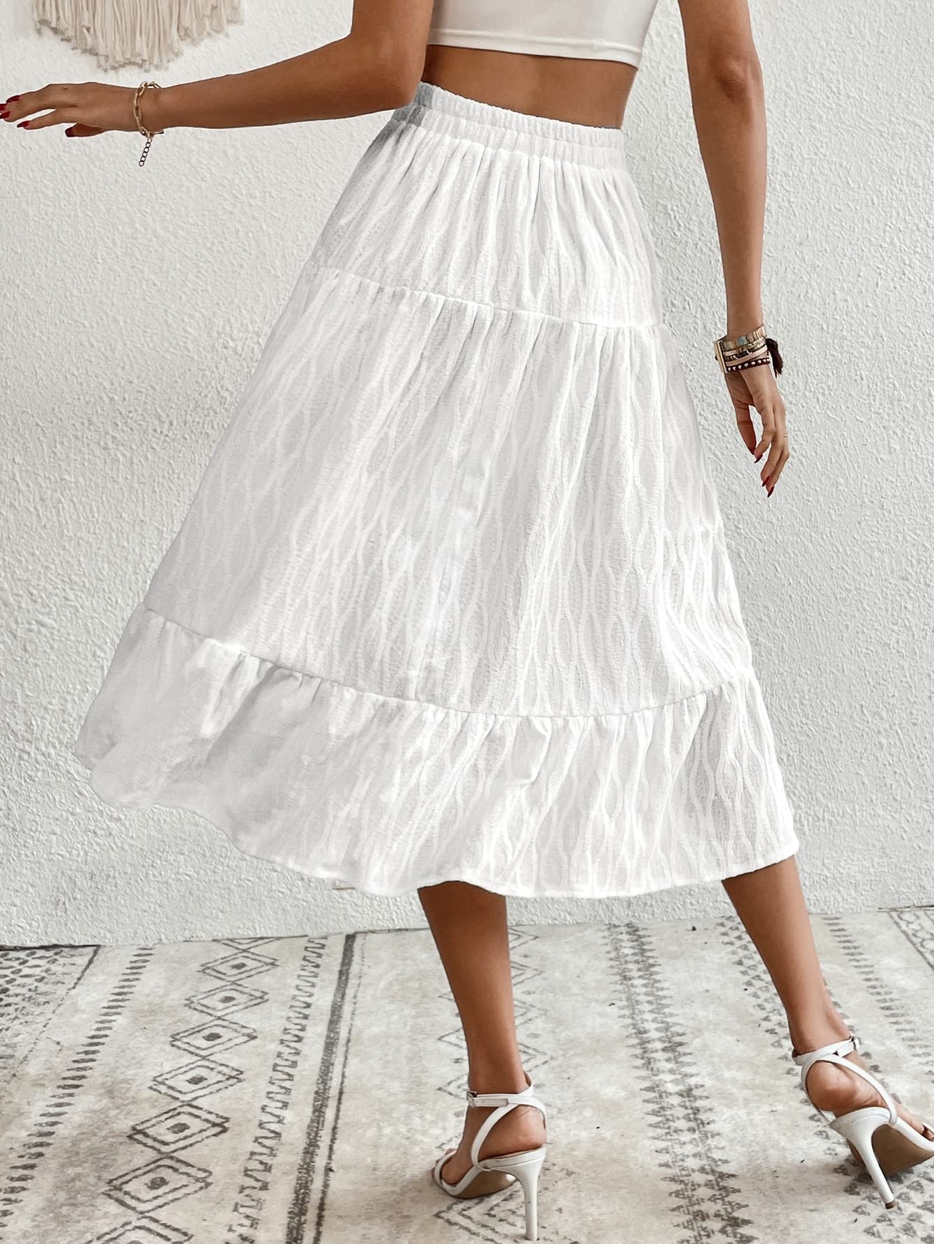 Verdusa Women's Elastic High Waist Ruffle Hem Solid A Line Flowy Midi Skirt White M