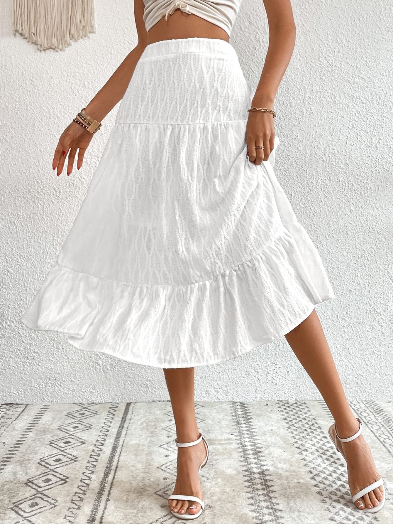Verdusa Women's Elastic High Waist Ruffle Hem Solid A Line Flowy Midi Skirt White M