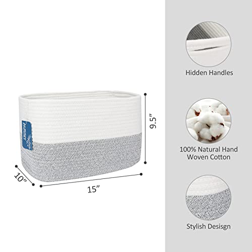AUSSIY 3 Pack Rope Baskets for Storage Basket, Cotton Rope Woven Basket with Handles. Blanket Basket for Storing Clothes, Toys, Books, Shelves etc, 15''L x 10''W x 9.5''H, Gray/White