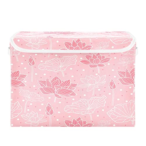 Kigai Pink Lotus Polka Dot Storage Basket with Lid Collapsible Storage Bin Fabric Box Closet Organizer for Home Bedroom Office 1 Pack