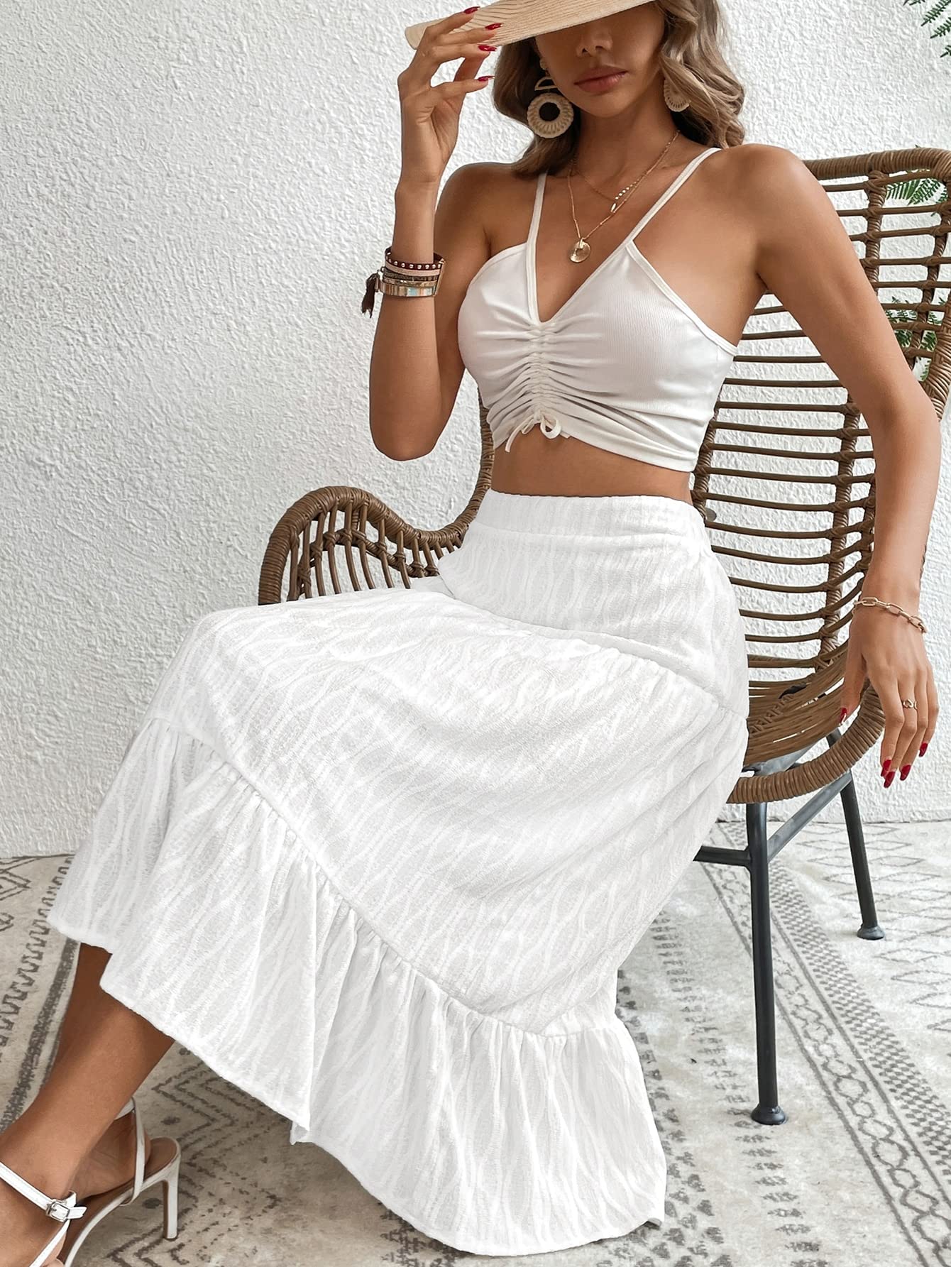 Verdusa Women's Elastic High Waist Ruffle Hem Solid A Line Flowy Midi Skirt White M