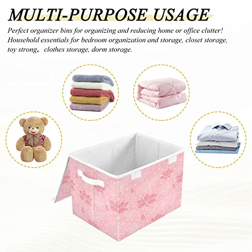 Kigai Pink Lotus Polka Dot Storage Basket with Lid Collapsible Storage Bin Fabric Box Closet Organizer for Home Bedroom Office 1 Pack