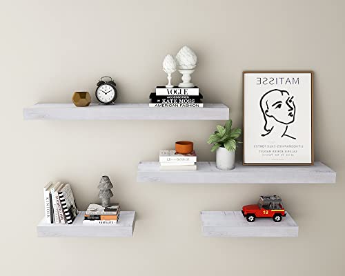 JOLLYMER Washed White Floating Shelves, 10 Inch Deep Wood Wall Shelf for Living Room, Bedroom or Bathroom, Farmhouse Style Home Decor