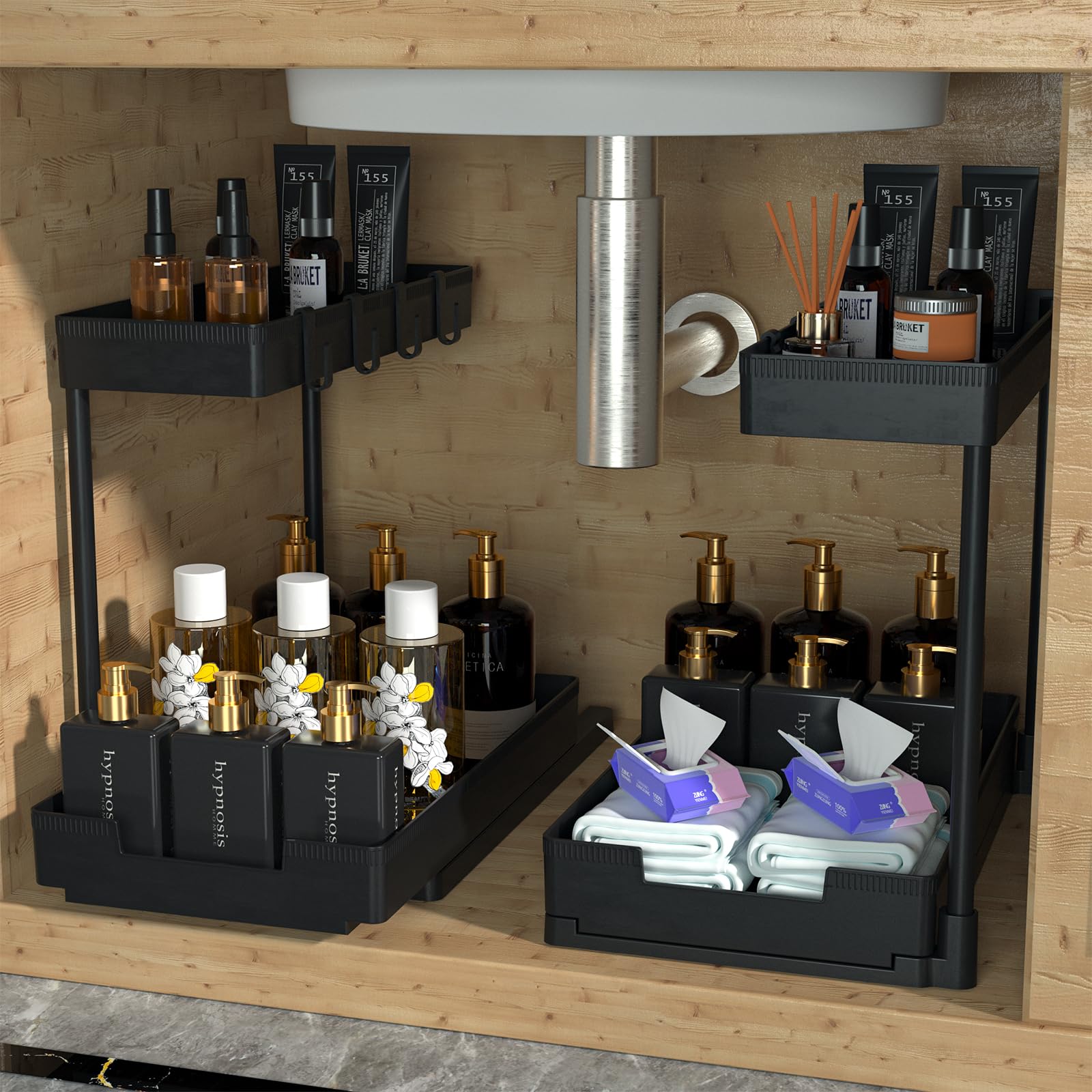 DEKAVA Under Sink Organizer，Bathroom Organizer，2 Tier Sliding Cabinet Organizer, Narrow Space Under Sink Organizers and Storage for Kitchen Bathroom