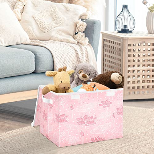Kigai Pink Lotus Polka Dot Storage Basket with Lid Collapsible Storage Bin Fabric Box Closet Organizer for Home Bedroom Office 1 Pack