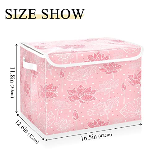 Kigai Pink Lotus Polka Dot Storage Basket with Lid Collapsible Storage Bin Fabric Box Closet Organizer for Home Bedroom Office 1 Pack