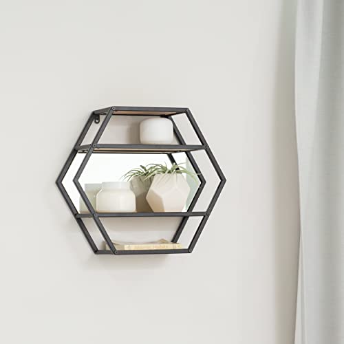 Metal Hexagon Shelf with Mirror ā 4-Tier Industrial Iron Farmhouse Hexagonal Floating Shelving for Bedroom, Bathroom, Living Room & Office ā 20 x 5.8 x 17.4 Inches, Black Frame with Brown Shelves
