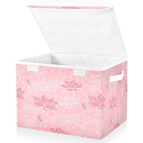 Kigai Pink Lotus Polka Dot Storage Basket with Lid Collapsible Storage Bin Fabric Box Closet Organizer for Home Bedroom Office 1 Pack