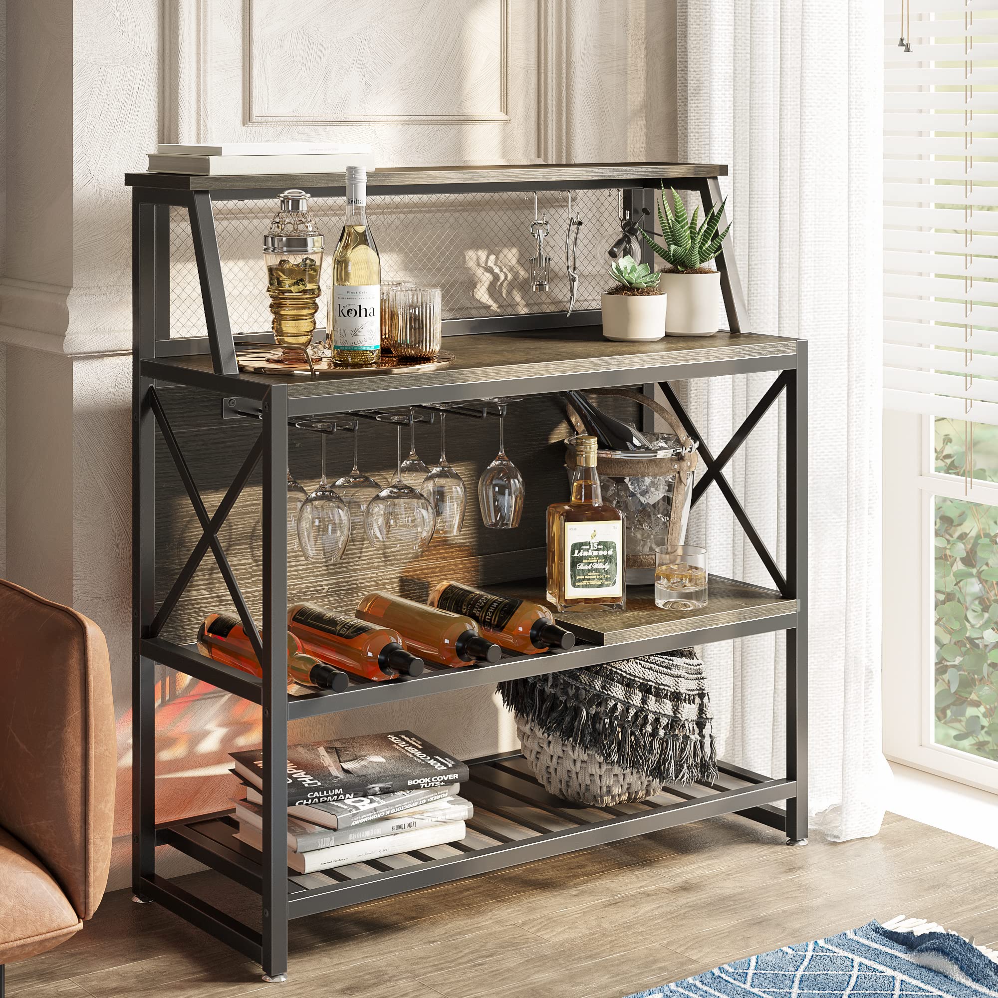 Bestier Bar Table with Storage Coffee Bar Cabinets for Liquor and Glasses, Wine Rack Freestanding Floor with Glass Holder for Home Kitchen Dining Room Basement, Gray