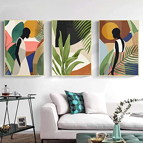 Abstract African American Wall Art Canvas Painting Black Woman and Green Plant Wall Art Pictures Set of 3 Nordic Wall Art Posters and Prints Pictures Wall for Living Room Decoration Unframed