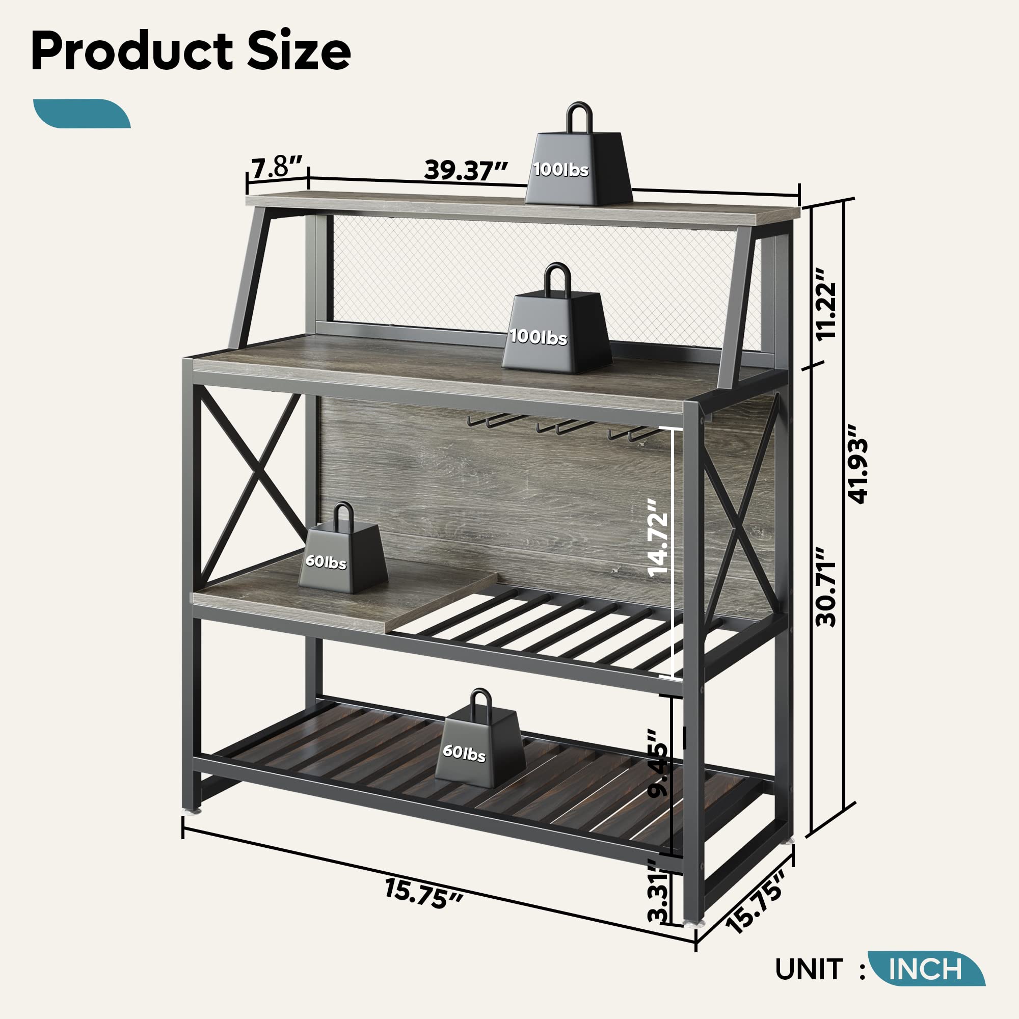 Bestier Bar Table with Storage Coffee Bar Cabinets for Liquor and Glasses, Wine Rack Freestanding Floor with Glass Holder for Home Kitchen Dining Room Basement, Gray