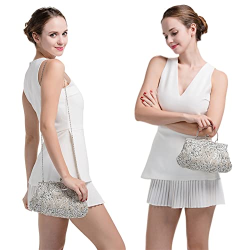 Mogor 1920s Women Vintage Beaded Sequin Evening Handbag Formal Crossbody Evening Clutch Prom Cocktail Party Handbags(Silver)