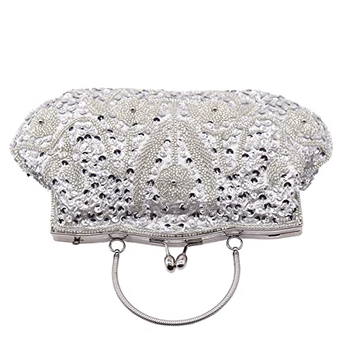 Mogor 1920s Women Vintage Beaded Sequin Evening Handbag Formal Crossbody Evening Clutch Prom Cocktail Party Handbags(Silver)