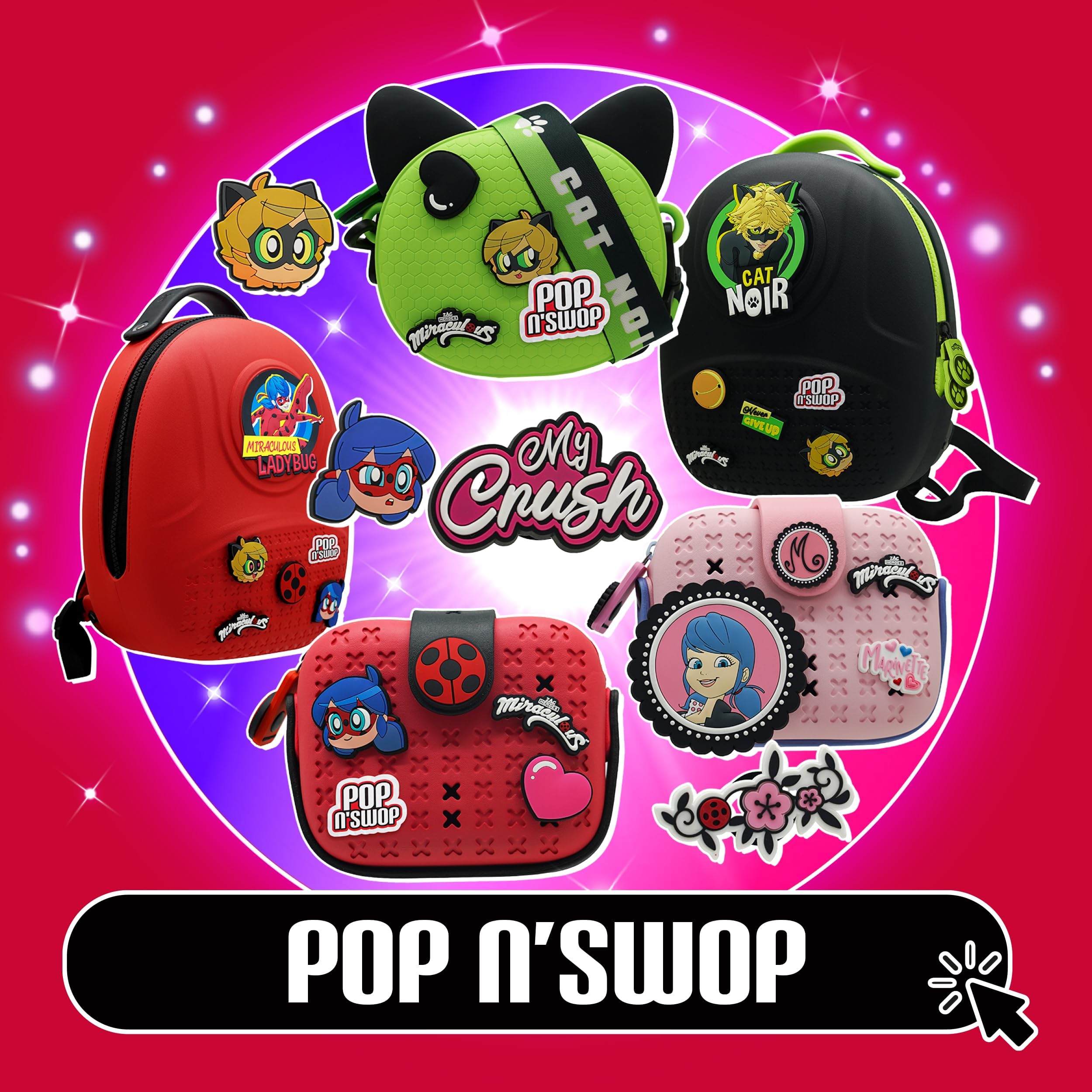Miraculous Ladybug - Pop n' Swop Marinette Pink Purse for Girls and Women, with 3 Clip-on Badges, Handle and Zipper, Lightweight Durable Waterproof Handbag (Wyncor)