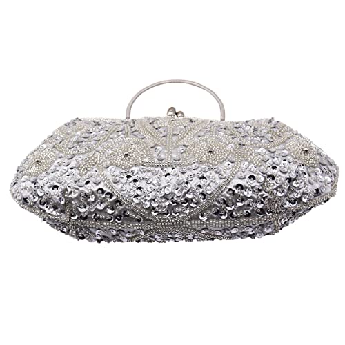 Mogor 1920s Women Vintage Beaded Sequin Evening Handbag Formal Crossbody Evening Clutch Prom Cocktail Party Handbags(Silver)