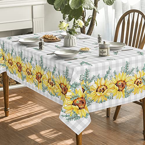 Horaldaily Spring Summer Tablecloth 60x60 Inch, Buffalo Plaid Sunflower Eucalyptus Floral Table Cover for Party Picnic Dinner Decor