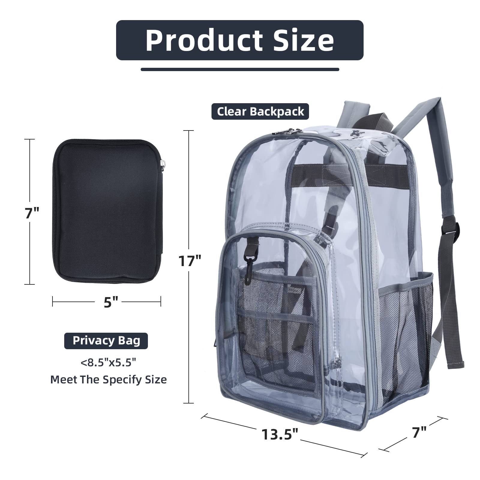 WQSS AOEIU Clear Backpack with Privacy Bag Stadium Approved, Clear Book Bags for School, Heavy Duty PVC Transparent Backpack, Clear Backpack for Girls & Boys, Gray