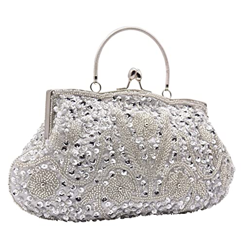 Mogor 1920s Women Vintage Beaded Sequin Evening Handbag Formal Crossbody Evening Clutch Prom Cocktail Party Handbags(Silver)