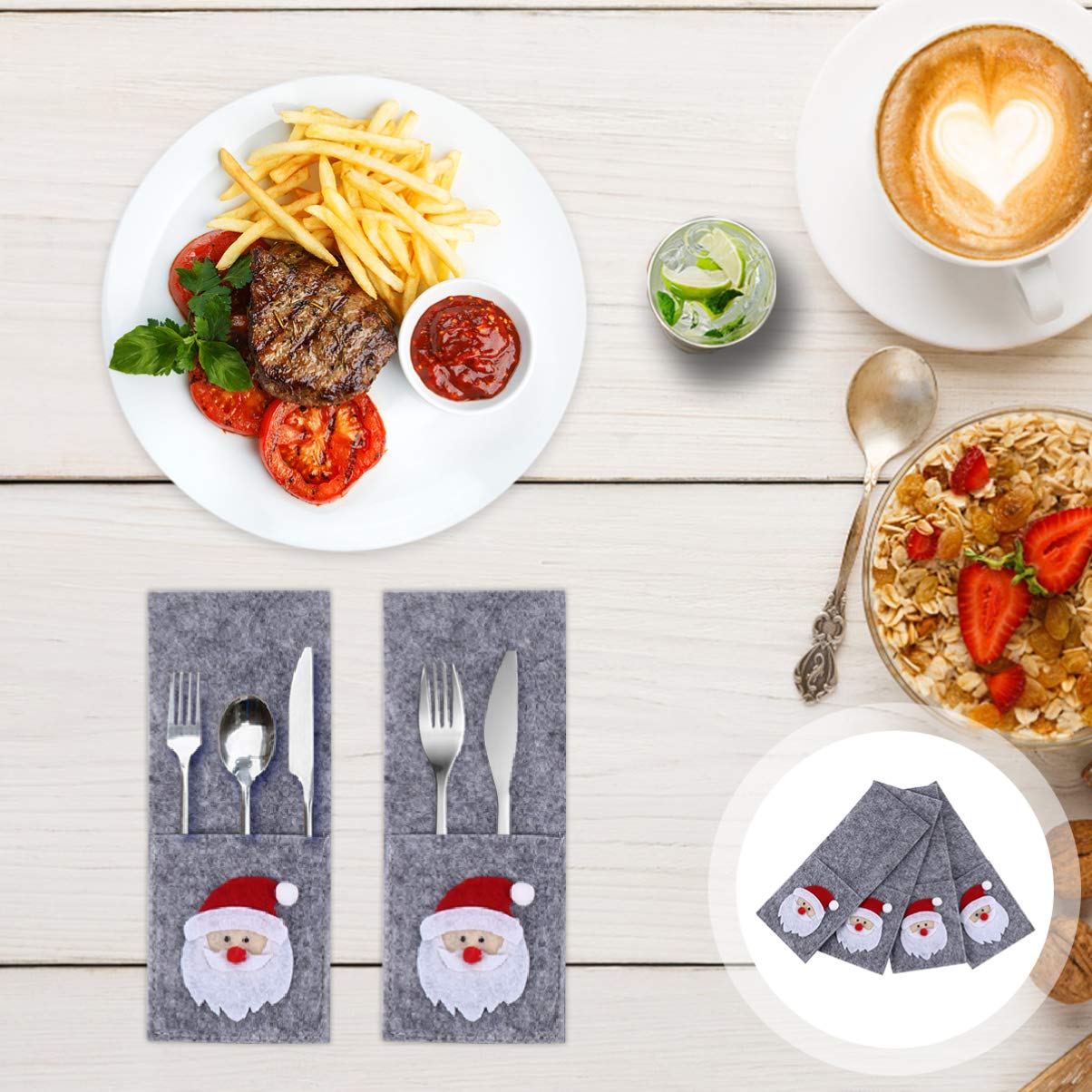 4 Pieces Christmas Cutlery Holder Costume Silverware Holder Burlap Utensil Holder Knife Fork Bags Christmas Dinner Table Decorations