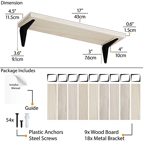 Wallniture Arras 17" Floating Shelves for Living Room Decor, Wall Bookshelf, Floating Shelf for Kitchen & Hallway, Bedroom Shelves for Storage Set of 9, Natural, Wood