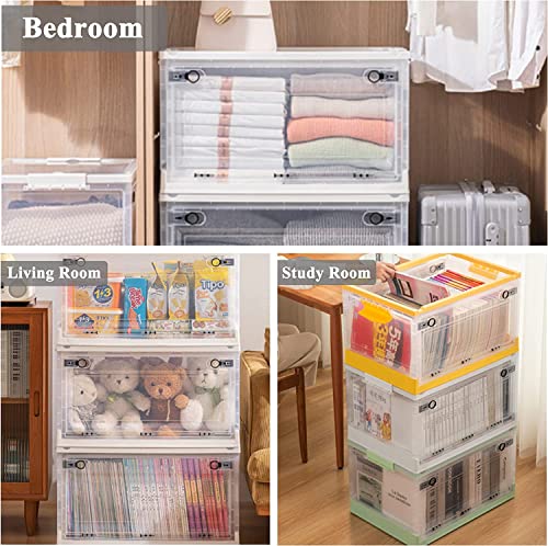 Yimeka Storage Box with Lid with Latch, Clear Stackable Foldable Storage Box on Wheels, Plastic Storage Box Container with Double Door and Handle for Home, Office, Bedroom, Living Room