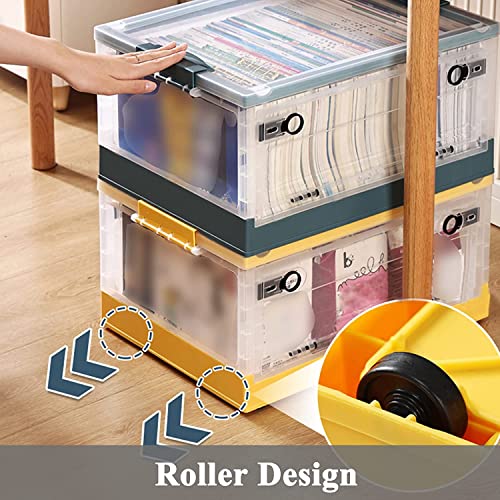 Yimeka Storage Box with Lid with Latch, Clear Stackable Foldable Storage Box on Wheels, Plastic Storage Box Container with Double Door and Handle for Home, Office, Bedroom, Living Room