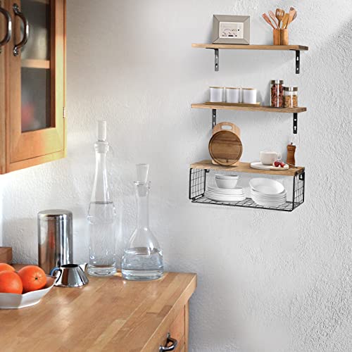 Set of 3 Floating Shelves with Paper Storage Basket Rustic Solid Wood Bathroom Shelves Farmhouse Wall Hanging Shelf Mounted Wall Decor for Living Room Kitchen Pantry Bedroom (Rustic Brown)