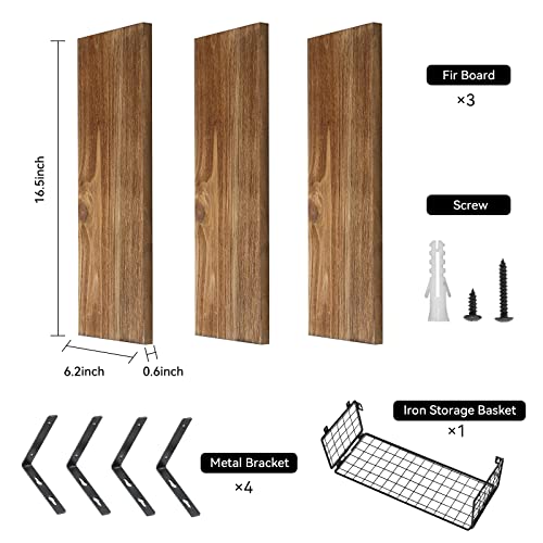 Set of 3 Floating Shelves with Paper Storage Basket Rustic Solid Wood Bathroom Shelves Farmhouse Wall Hanging Shelf Mounted Wall Decor for Living Room Kitchen Pantry Bedroom (Rustic Brown)