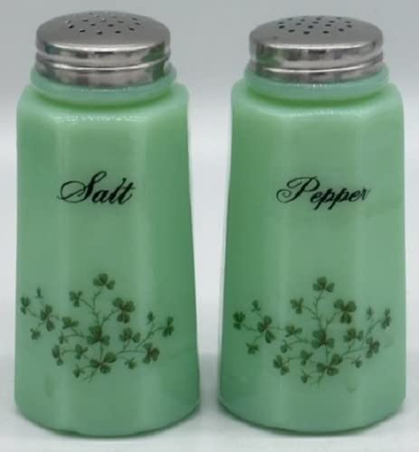 Jade Jadeite Jadite Green Glass Salt & Pepper Shaker Set w/Shamrocks - Paneled Pattern - USA